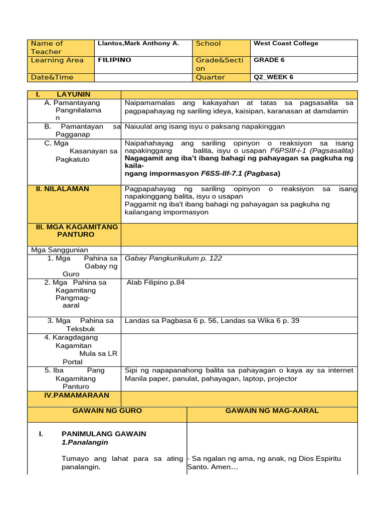 COT2 DLP in FILIPINO | PDF