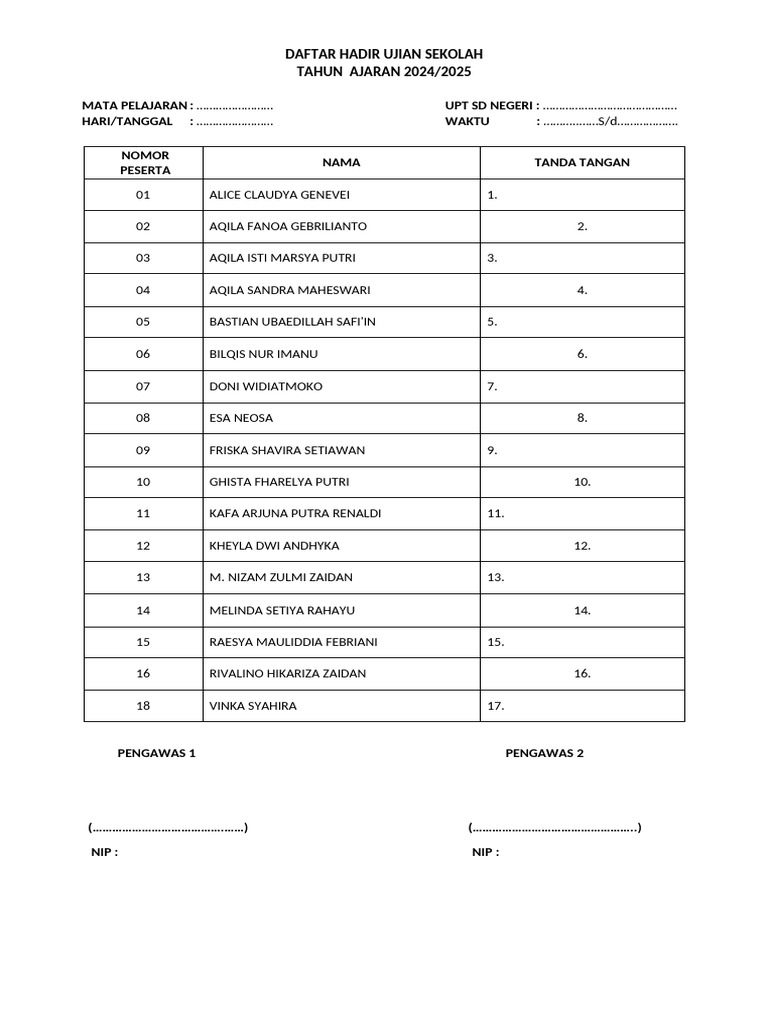 Daftar Hadir Peserta Ujian | PDF