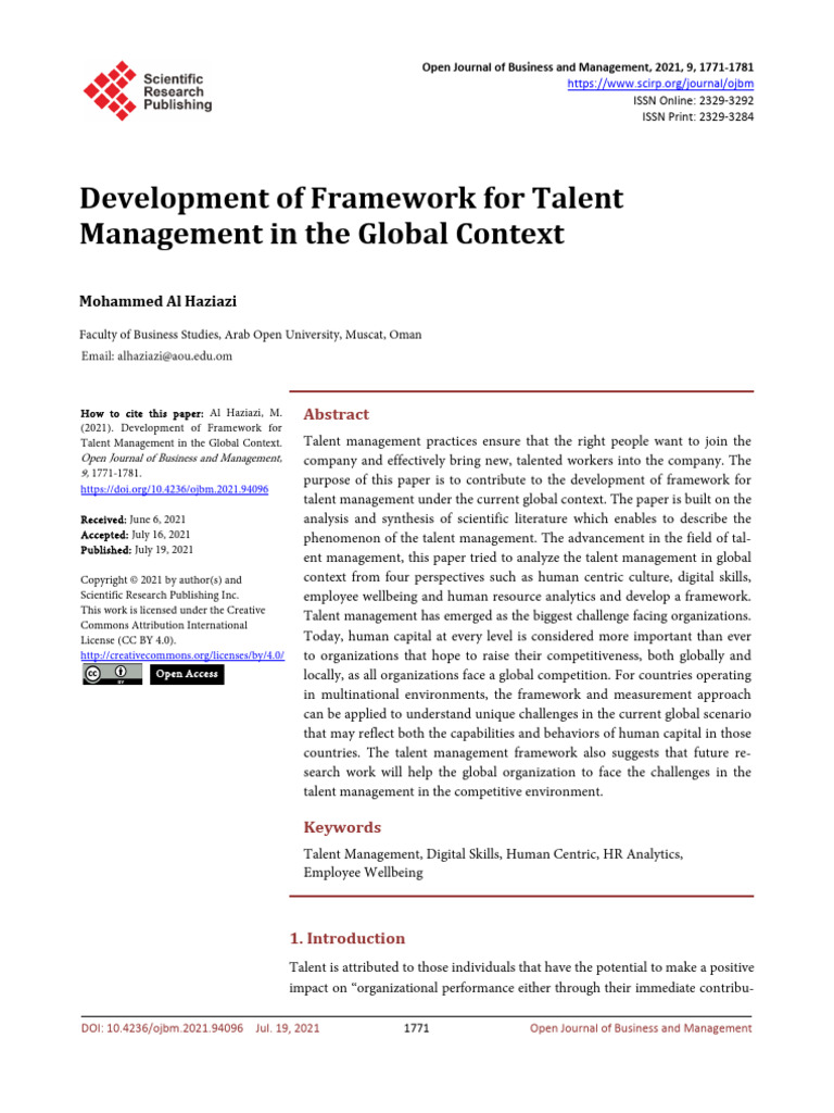 Development of Framework For Talent Management in The Global Context ...