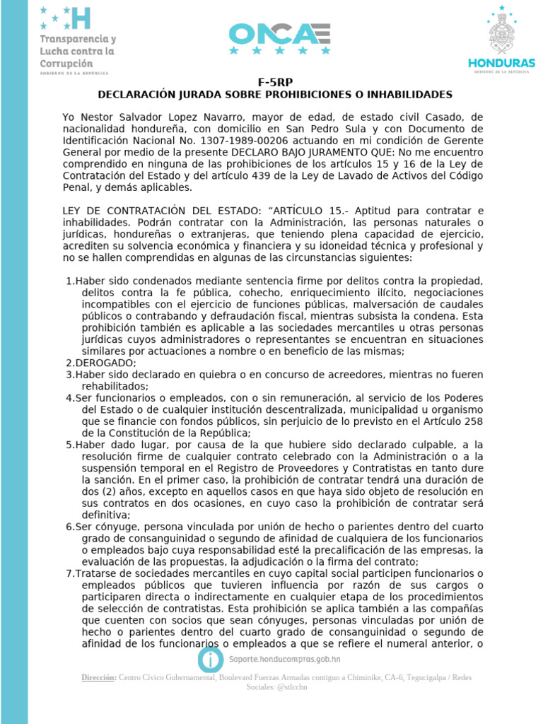 Declaración Jurada de Inhabilidades | PDF | Parentesco | Fiscal
