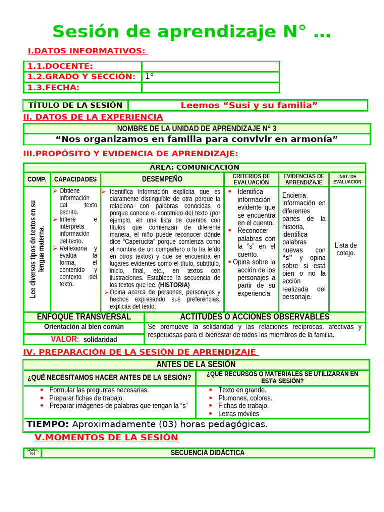 SESIÓN LEEMOS SUSi Y SU FAMILIA MAESTRA JANET | PDF | Aprendizaje | Modificación de comportamiento