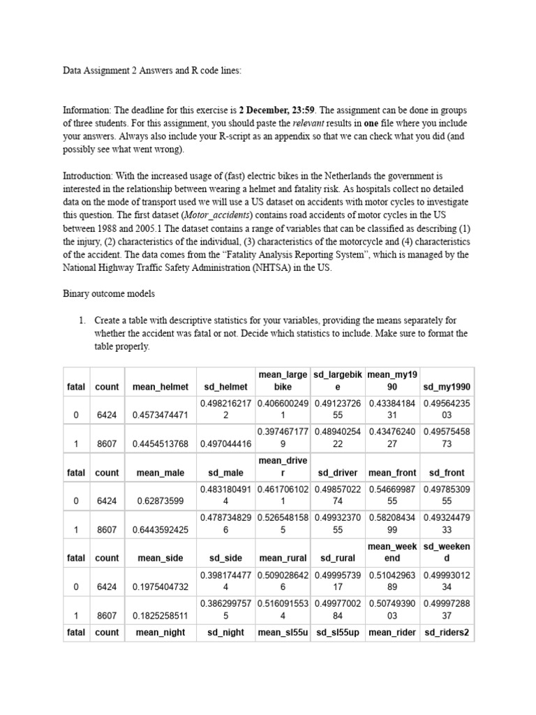 Data Assignment 2 Answers and R code lines_ | PDF | Logistic Regression | Linear Regression