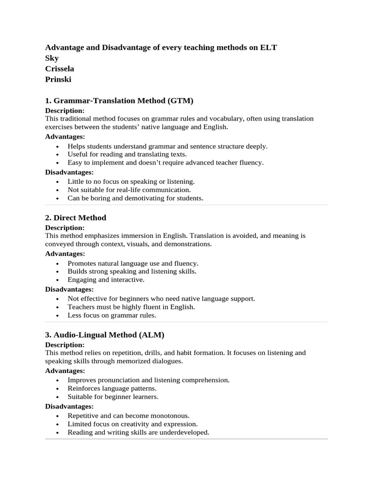 Advantage and Disadvantage of Every Teaching Methods On ELT | PDF | Learning | Language Education