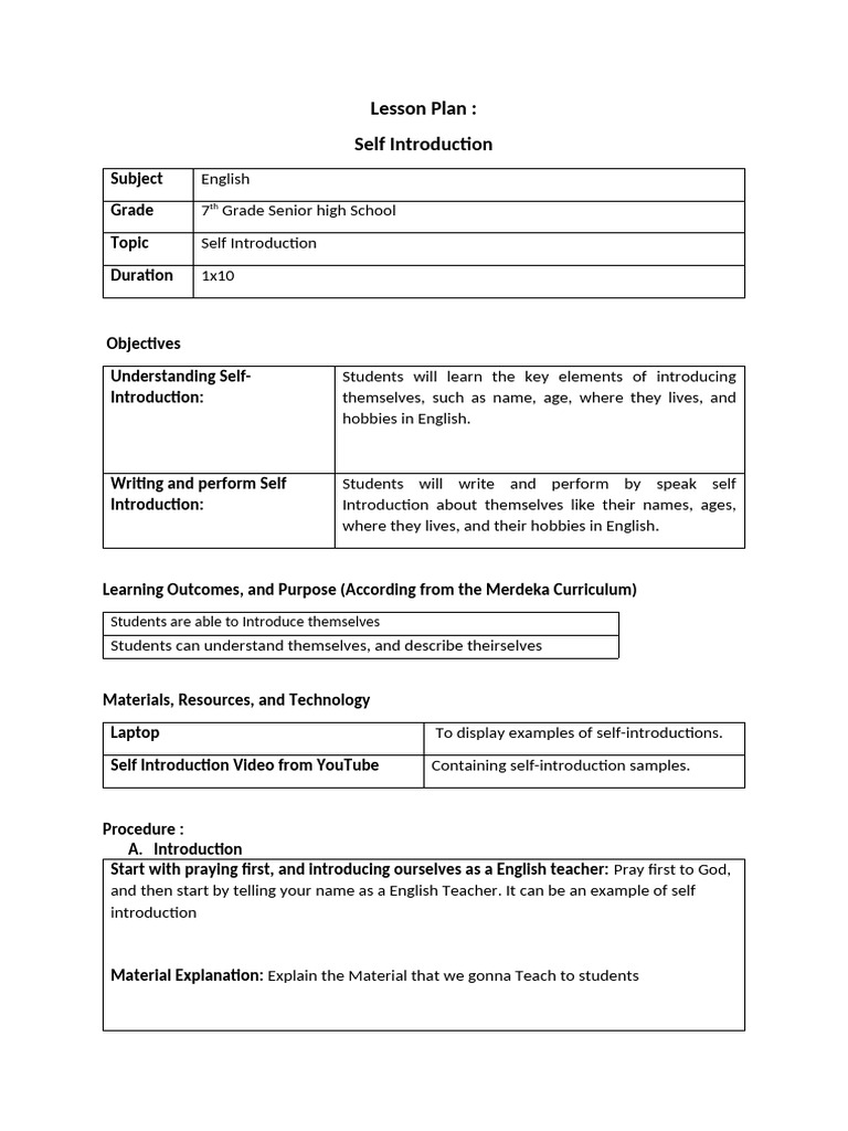 7th Grade, Self Introduction Lesson Plan | PDF | Lesson Plan | Human ...