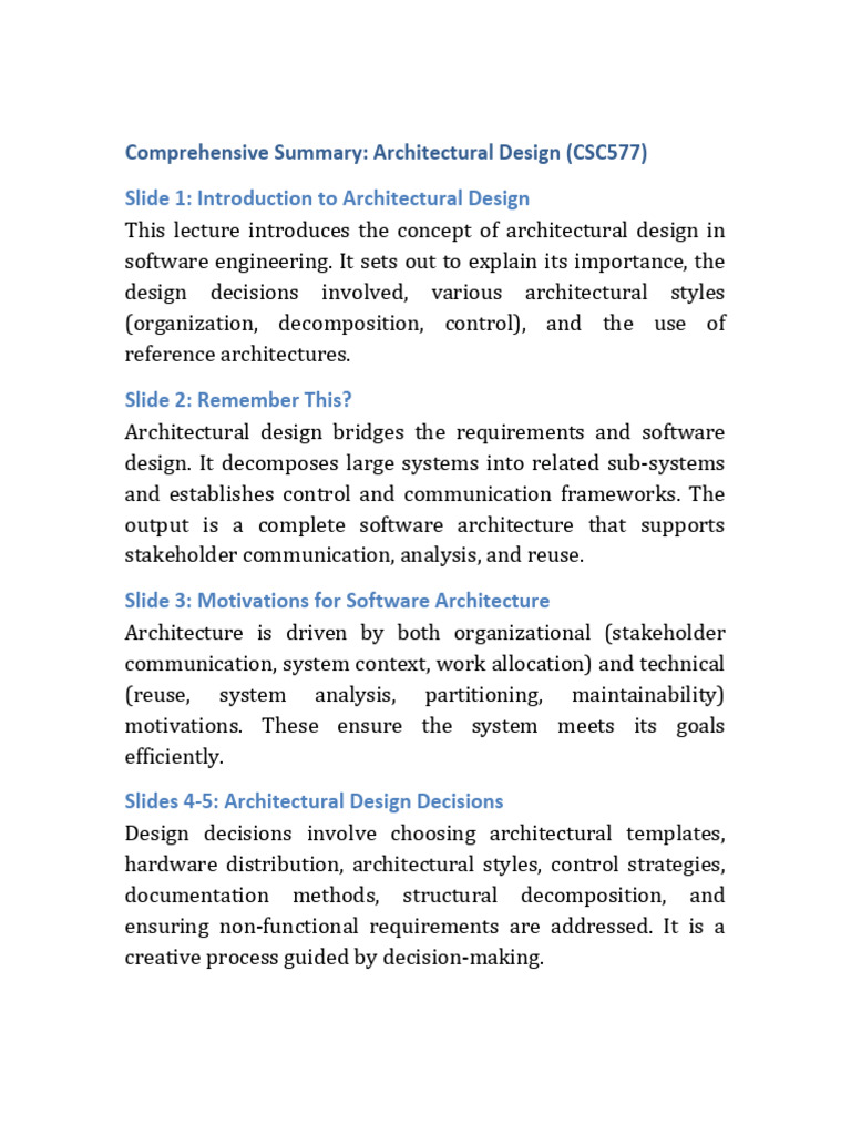Comprehensive Summary Architectural Design CSC577 | PDF | Model–View–Controller | Computer ...