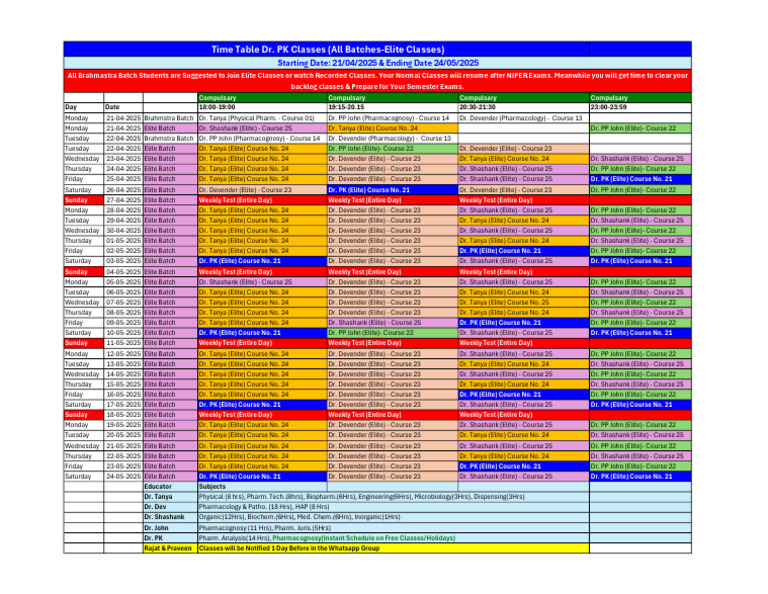 Elite Batch Time Table for All Batches - 21 Apr to 24 May 2025-1 | PDF