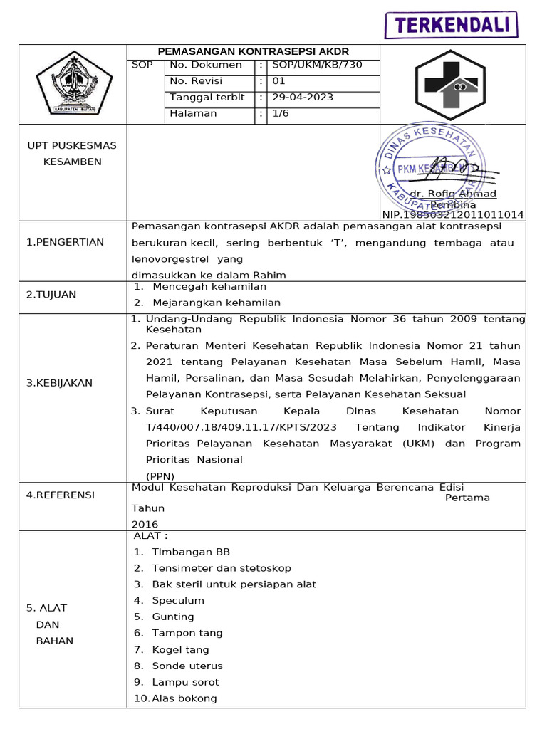 Pelayananan Pemasangan Kontrasepsi AKDR IUD | PDF