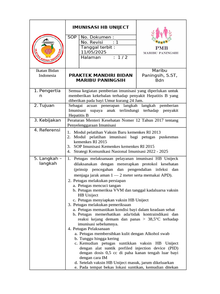 Sop Imunisasi HB Uniject | PDF
