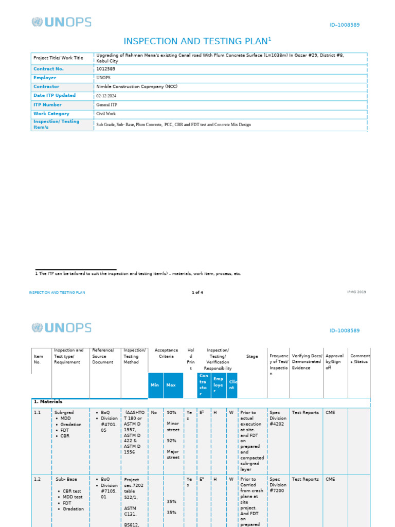 INSPECTION AND TESTING PLAN (ITP) | PDF | Building Materials