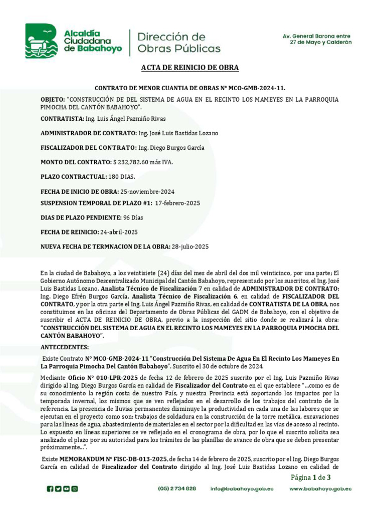 ACTA DE REINICIO DE OBRA-signed-signed-signed | PDF