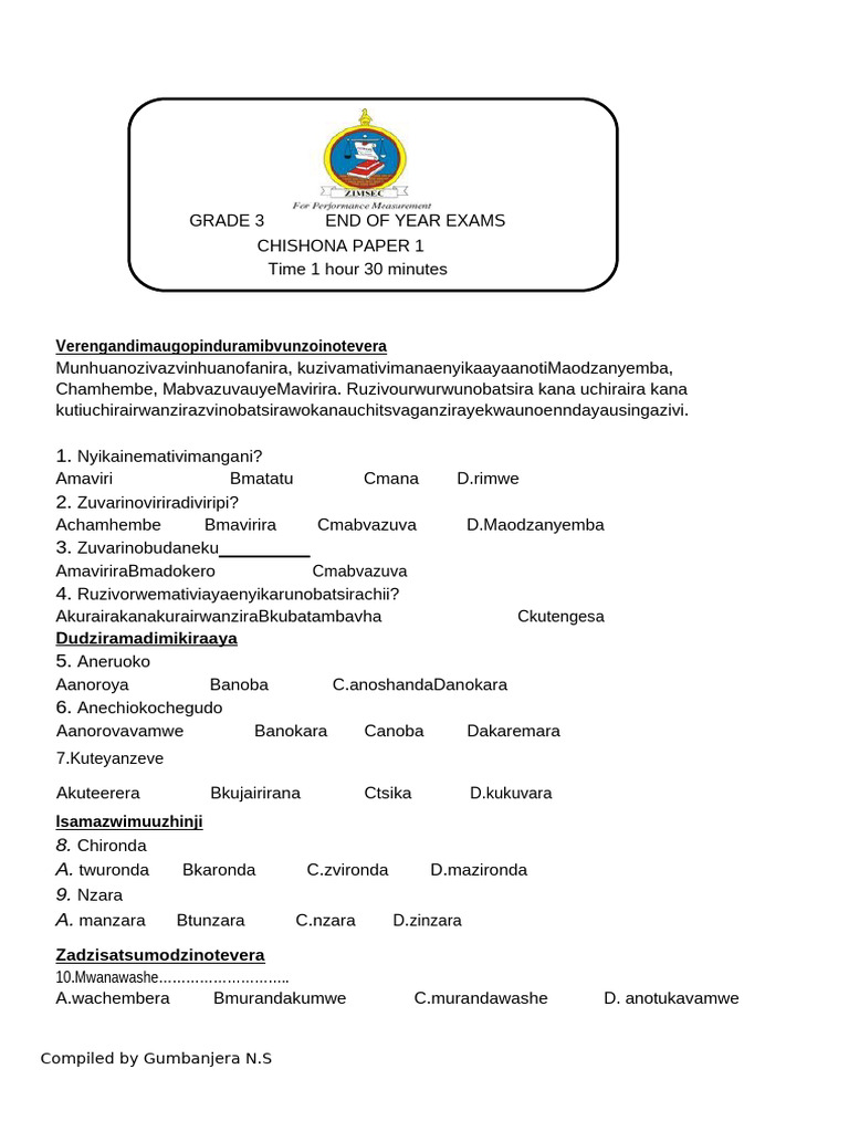 Pry 2-Grade 3 Chishona End of Year Paper 1 2022 | PDF