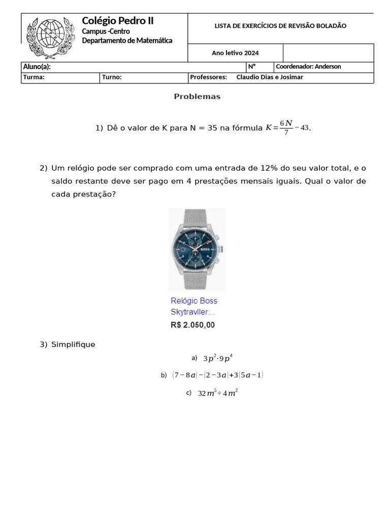 Lista de Exercícios - Revisão - 8º - Ano - 1 - Cer - 2024 | PDF
