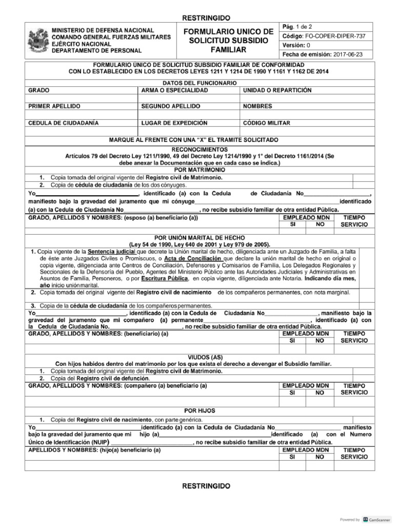 Formulario Unico Solicitud Subsidio Familiar - PDF 1 | PDF