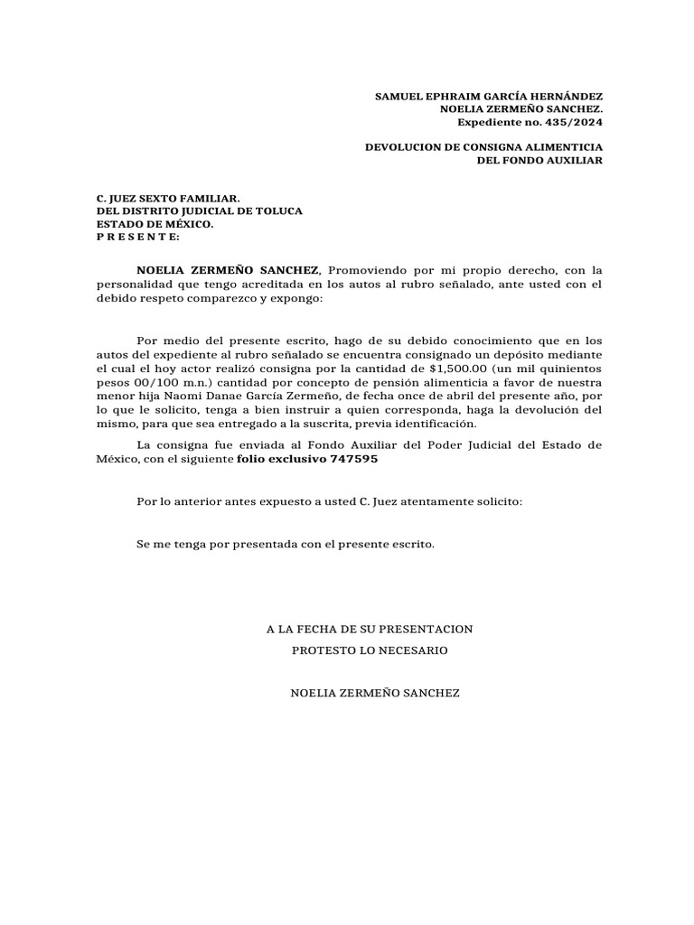 Escrito de Devolucion de Consigna Alimenticia | PDF