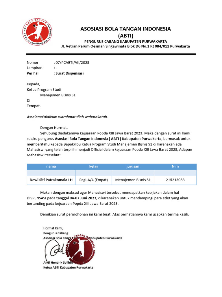 Surat Dispen Dewi 1 | PDF