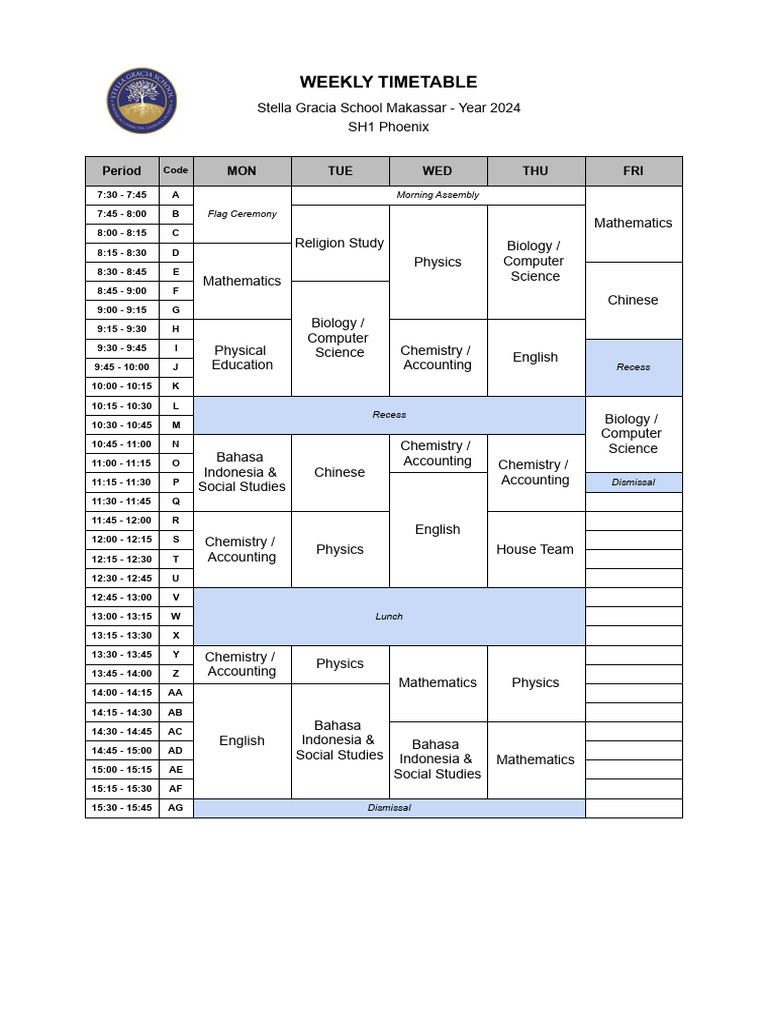 Class Timetable - Printables 2024 - SH1 Phoenix | PDF