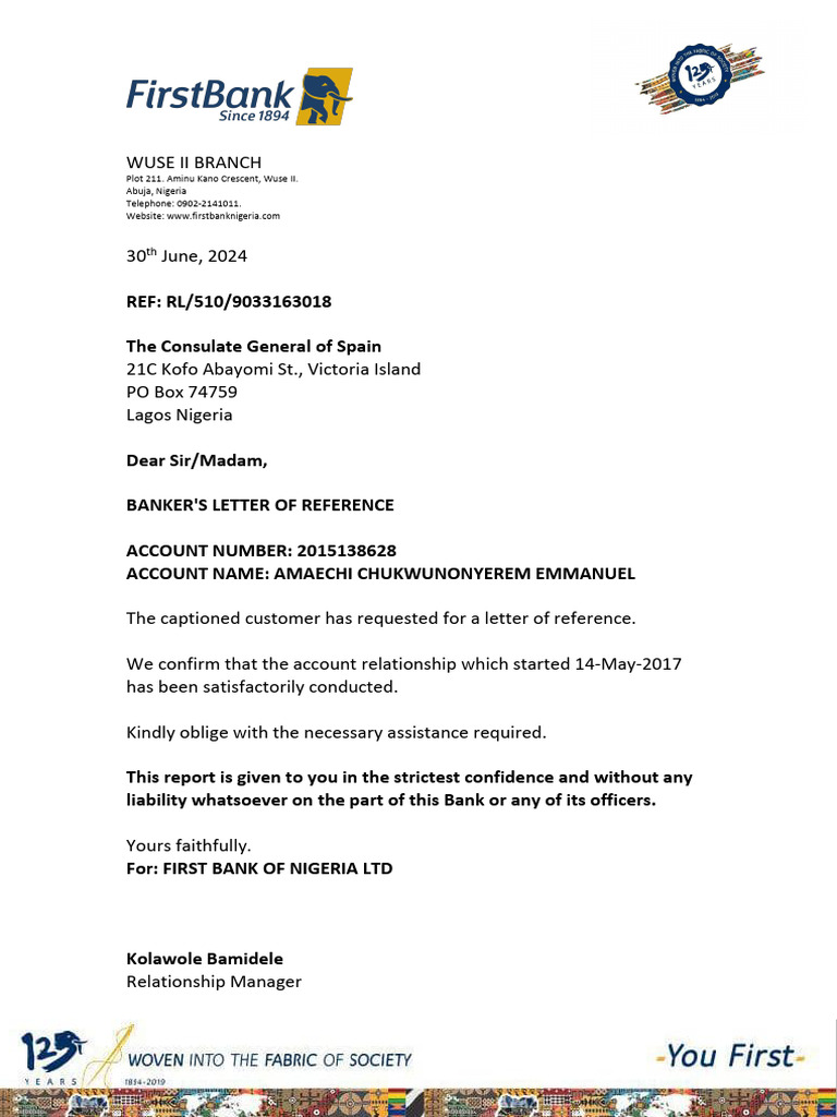 First Bank Reference Letter for Amaechi | PDF