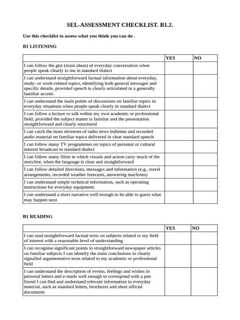 Self-Assessment Checklist. B1.2 | PDF | Information | Thought
