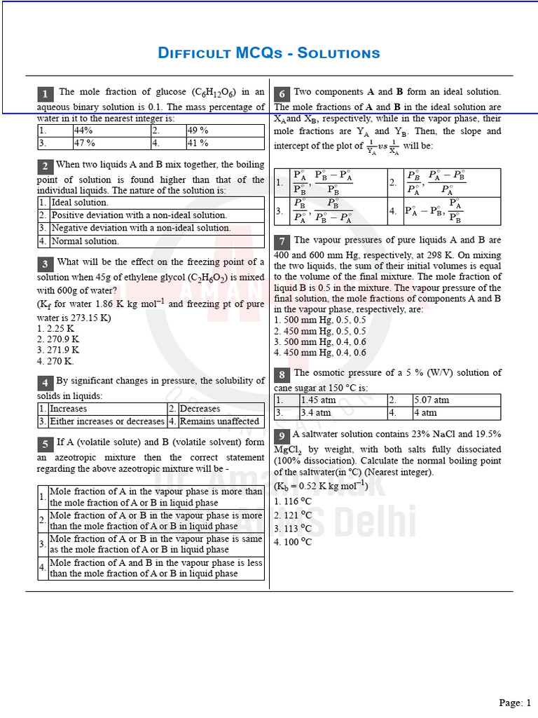 Difficult MCQs - Solutions | PDF | Solubility | Thermodynamics