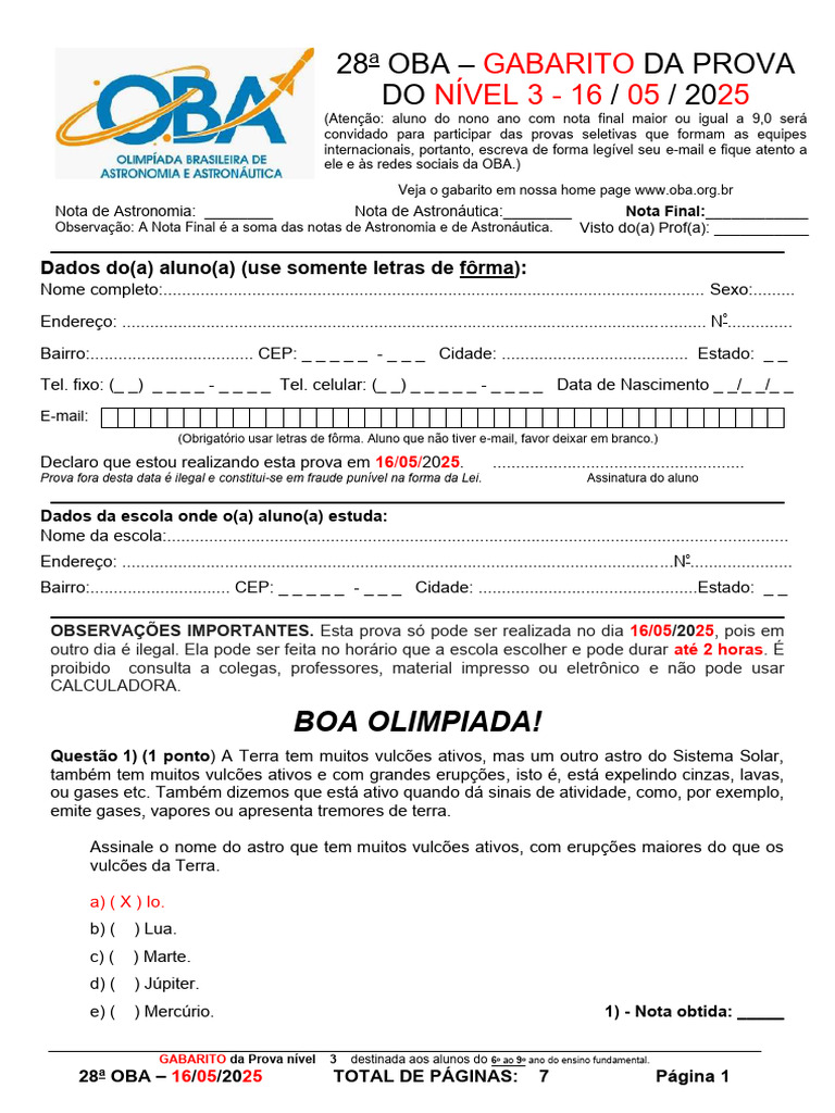 Gabarito OBA 2025 - Nível 3 | PDF | Satélite | Terra