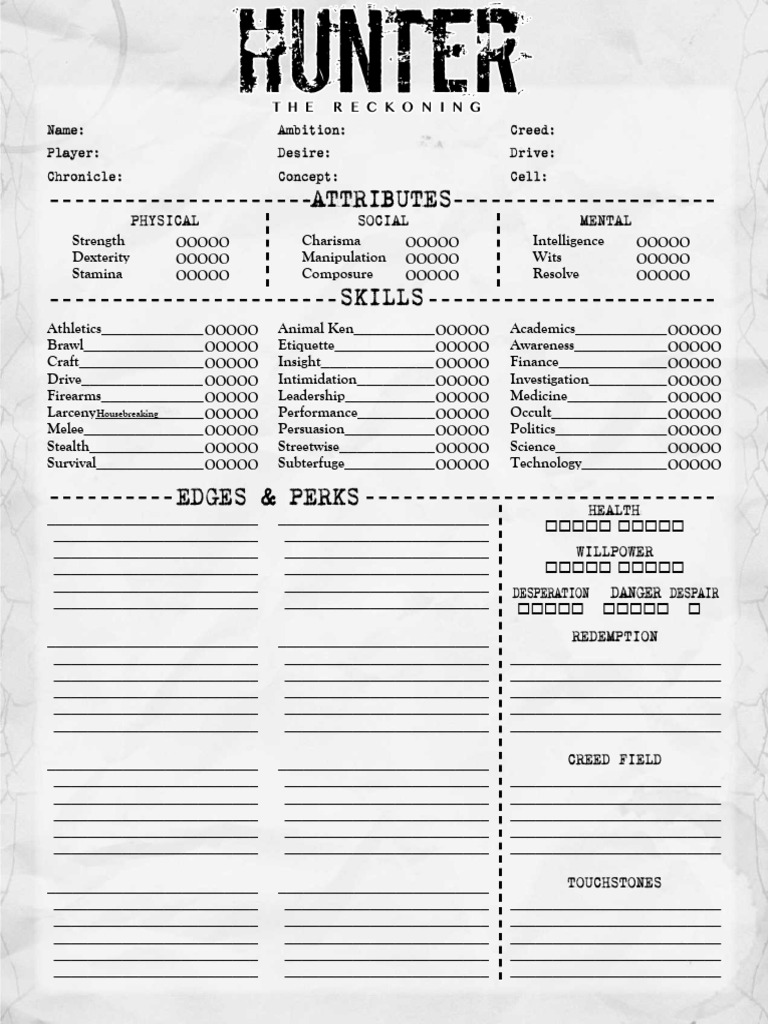 Hunter: The Reckoning 5th Edition 2-Page Interactive Character Sheet | PDF | Role Playing Games