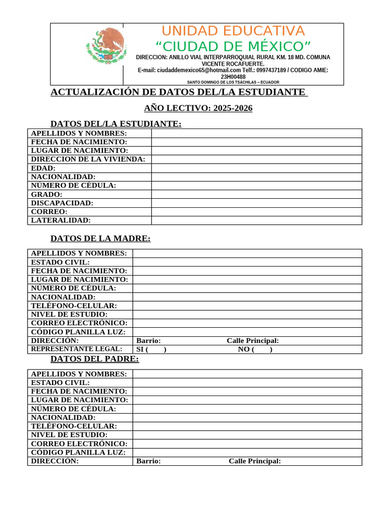 Actualización Hoja de Datos Del Estudiante 2025-2026 | PDF