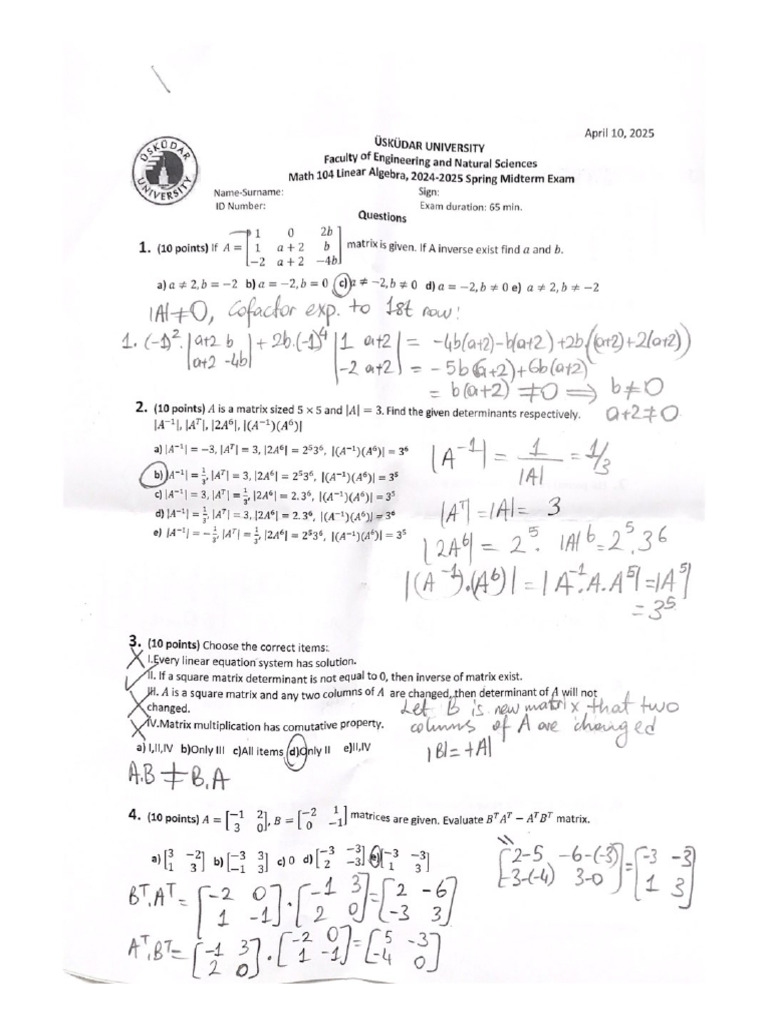 Linear 2024 2025 Spring Midterm Solutions | PDF