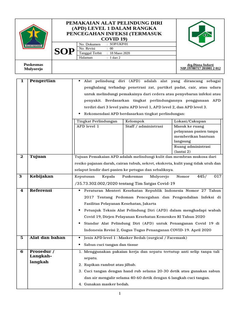 1 SOP Pemakaian APD Level 1 | PDF