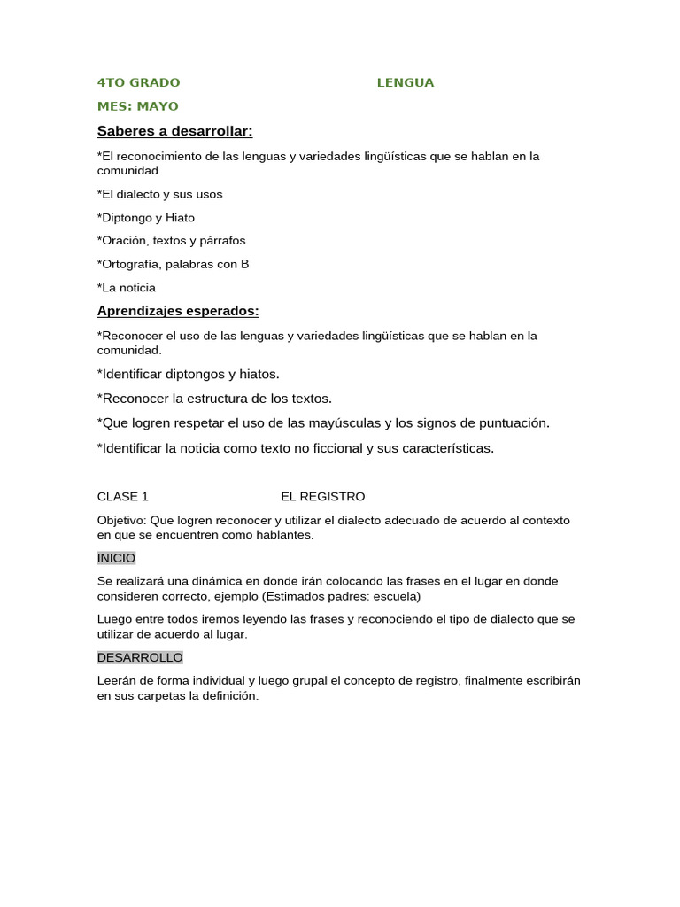 Lenguaje para 4to Grado: Mayo | PDF | Dialecto | Comunicación humana