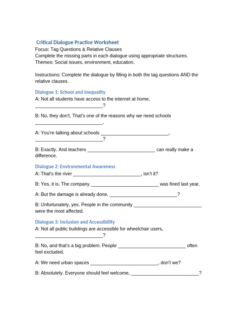 Critical Dialogue Worksheet Gaps | PDF
