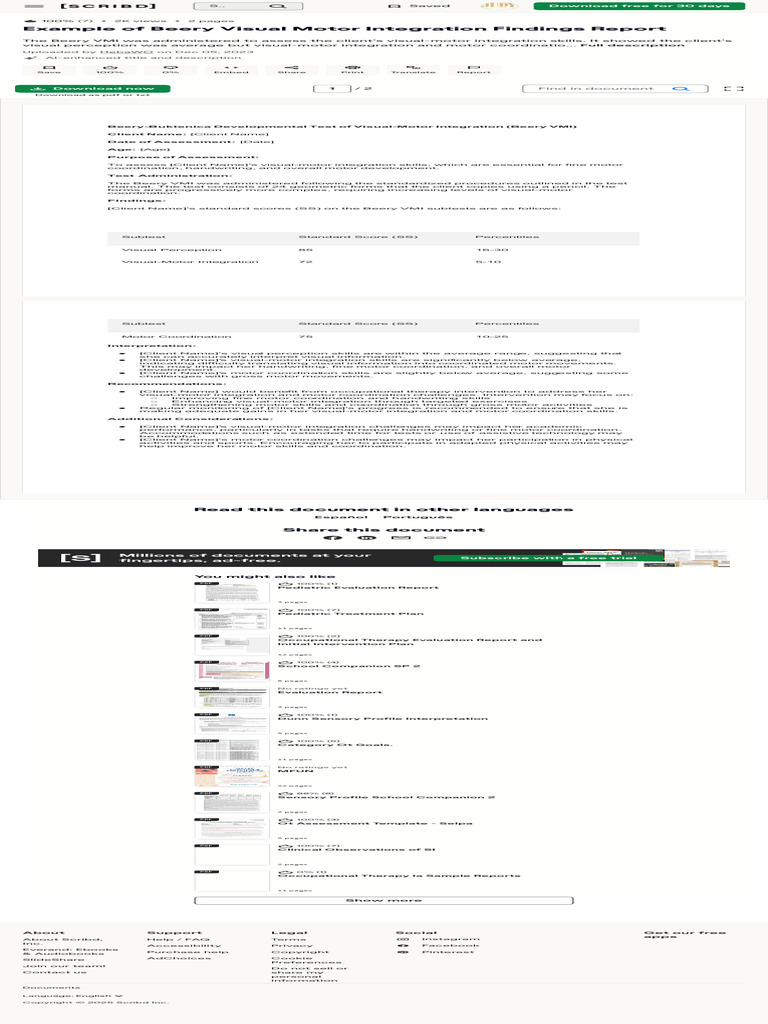 Example of Beery Visual Motor Integration Findings Report PDF Motor ...