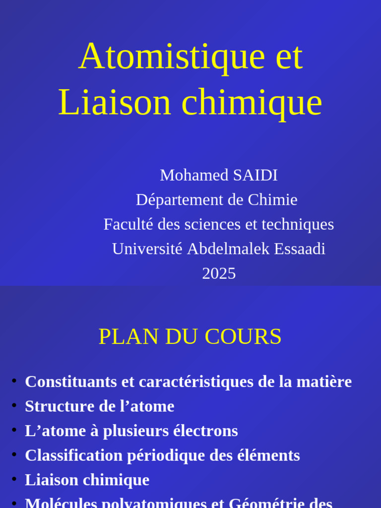 Cours Atomistique | PDF | Liaison chimique | Effet photoélectrique