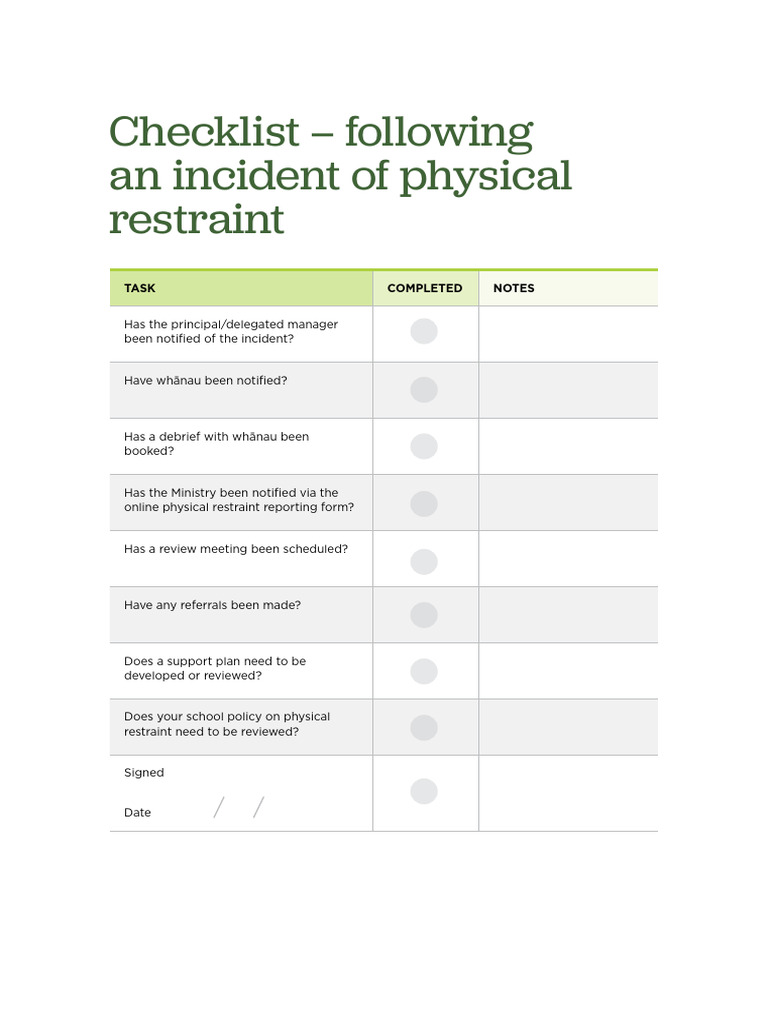 Checklist Following An Incident of Physical Restraint | PDF