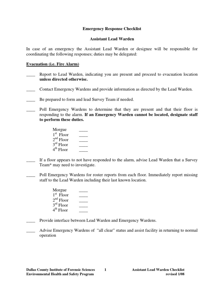 Emergency Response Checklist - Assistant Lead Warden | PDF | Emergency ...