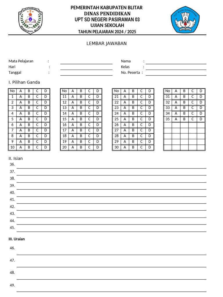 Lembar Jawaban Ujian Sekolah SD 2024 | PDF