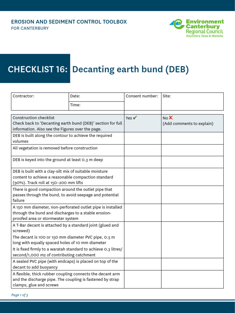 Checklist of 16 - Decanting Earth Bund (DEB) | PDF | Spillway