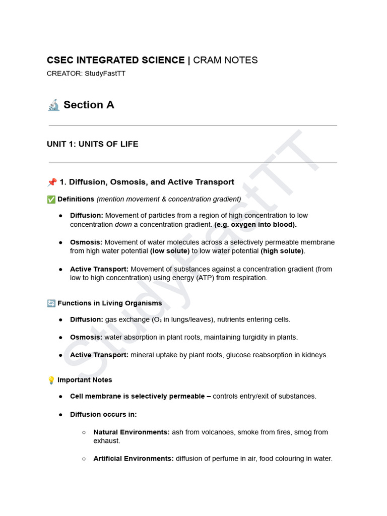 CSEC Integrated Science Cram Notes | PDF | Diastole | Atrium (Heart)
