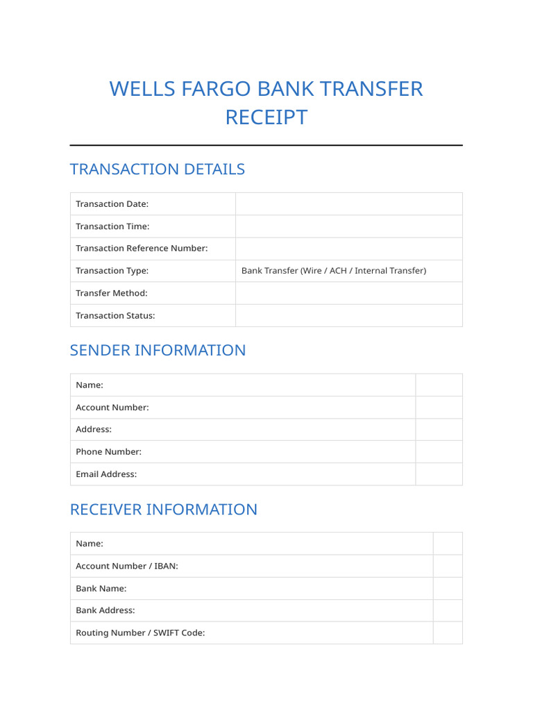 Wells Fargo Transfer Receipt Template | PDF