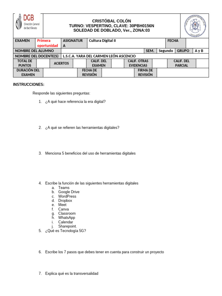 Examen Cultura Digital II para Primaria | PDF