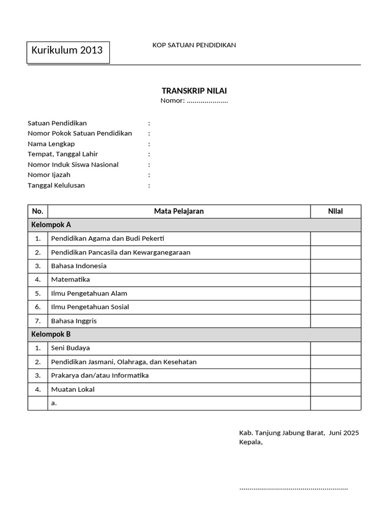 Contoh Format Transkrip Nilai SMP 2025 | PDF
