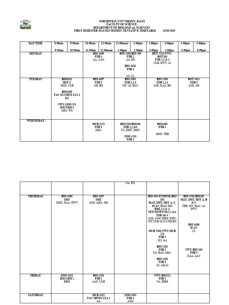 First Semester Tentative Timetable 2024 2025 | PDF