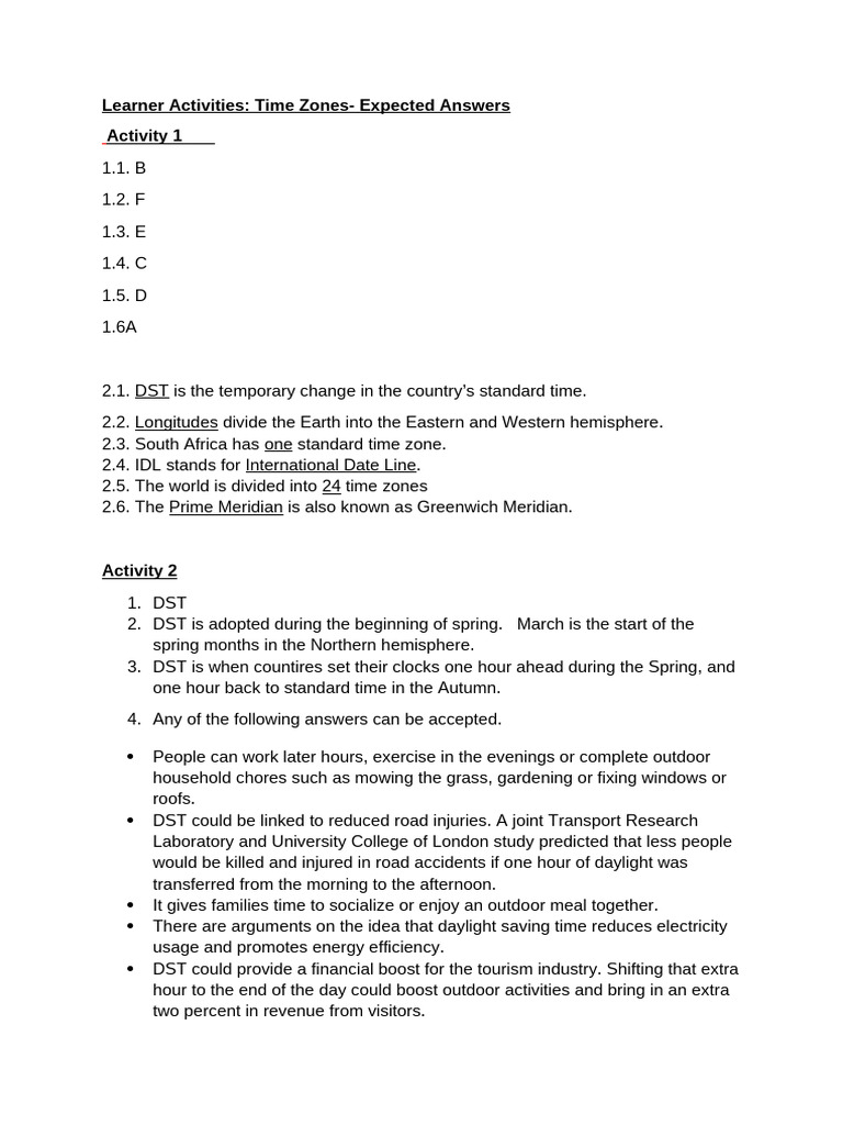 Grade 12 Time Zone Activities Answers | PDF | Daylight Saving Time
