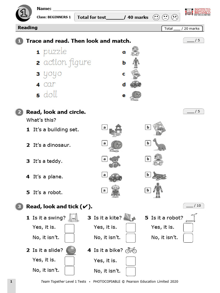 Beginner Level 1 Reading Test | PDF