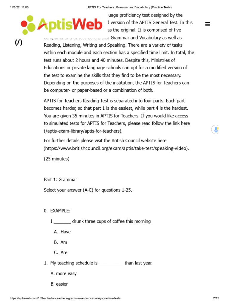 APTIS For Teachers - Grammar and Vocabulary (Practice Tests) | PDF ...