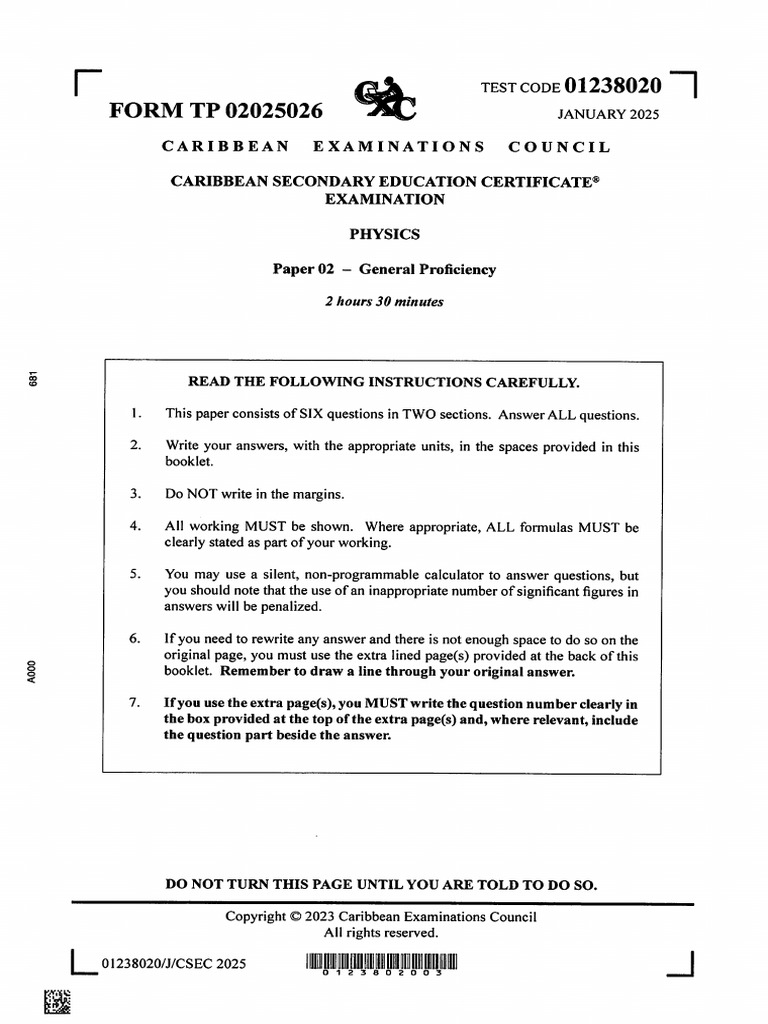 Csec Physics January 2025 p2 - Compress | PDF