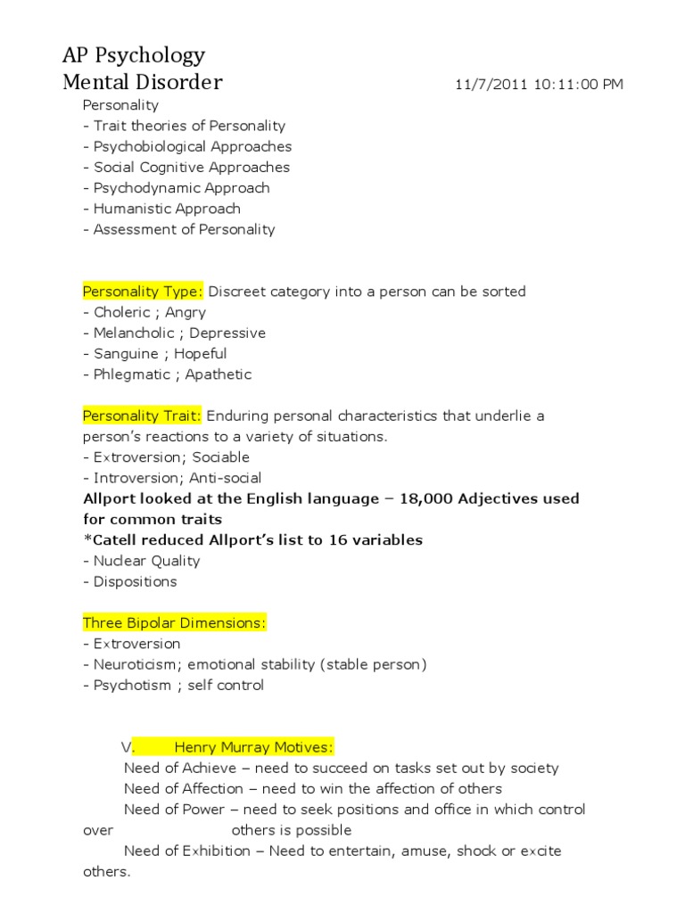 AP Psychology Mental Disorder | PDF | Id | Extraversion And Introversion