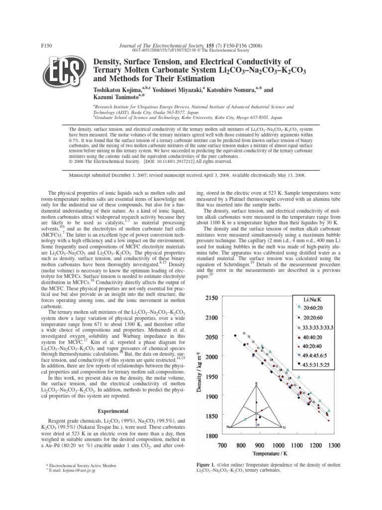 Density, Surface Tension, And Electrical Conductivity of Ternary Molten Carbonate System Li[Sub ...