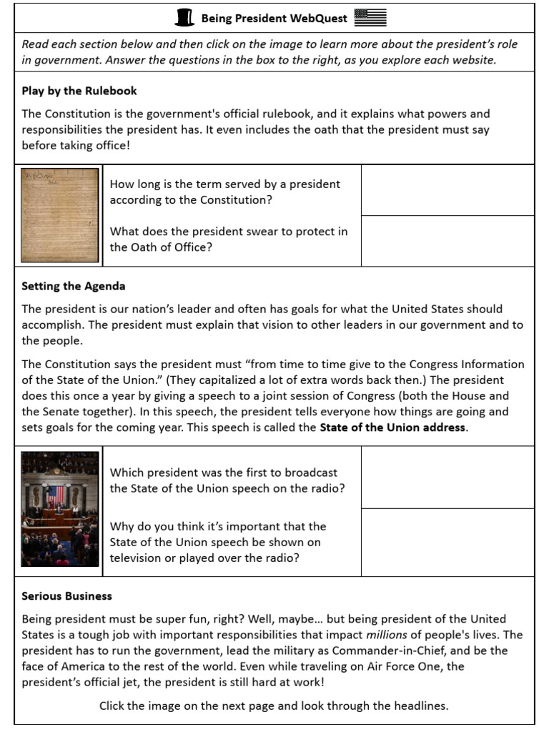 Being President WebQuest | PDF | State Of The Union | Donald Trump