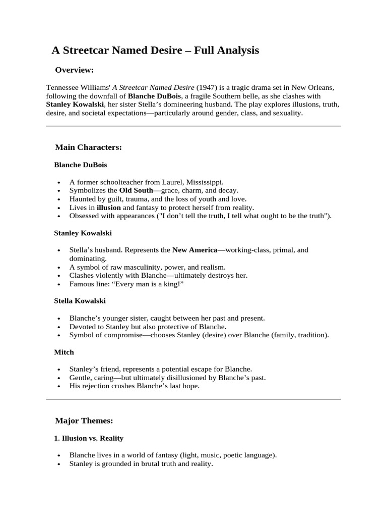 A Streetcar Named Desire: Key Analysis | PDF