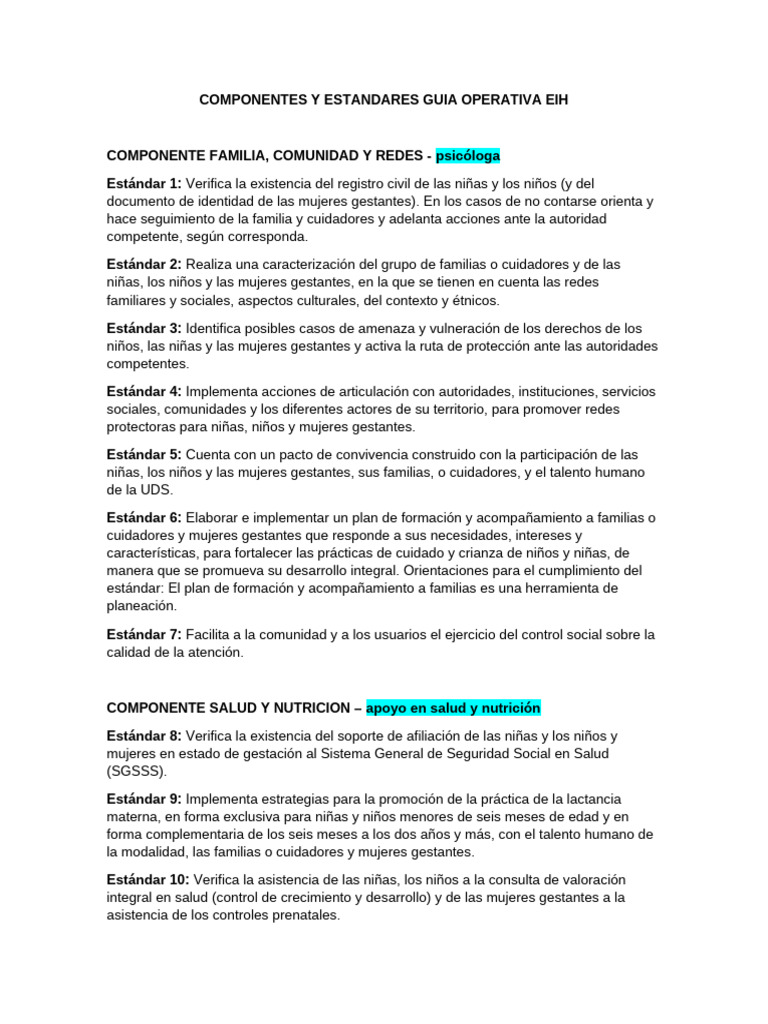 Componentes y Estándares EIH | PDF | Educación de la primera infancia ...